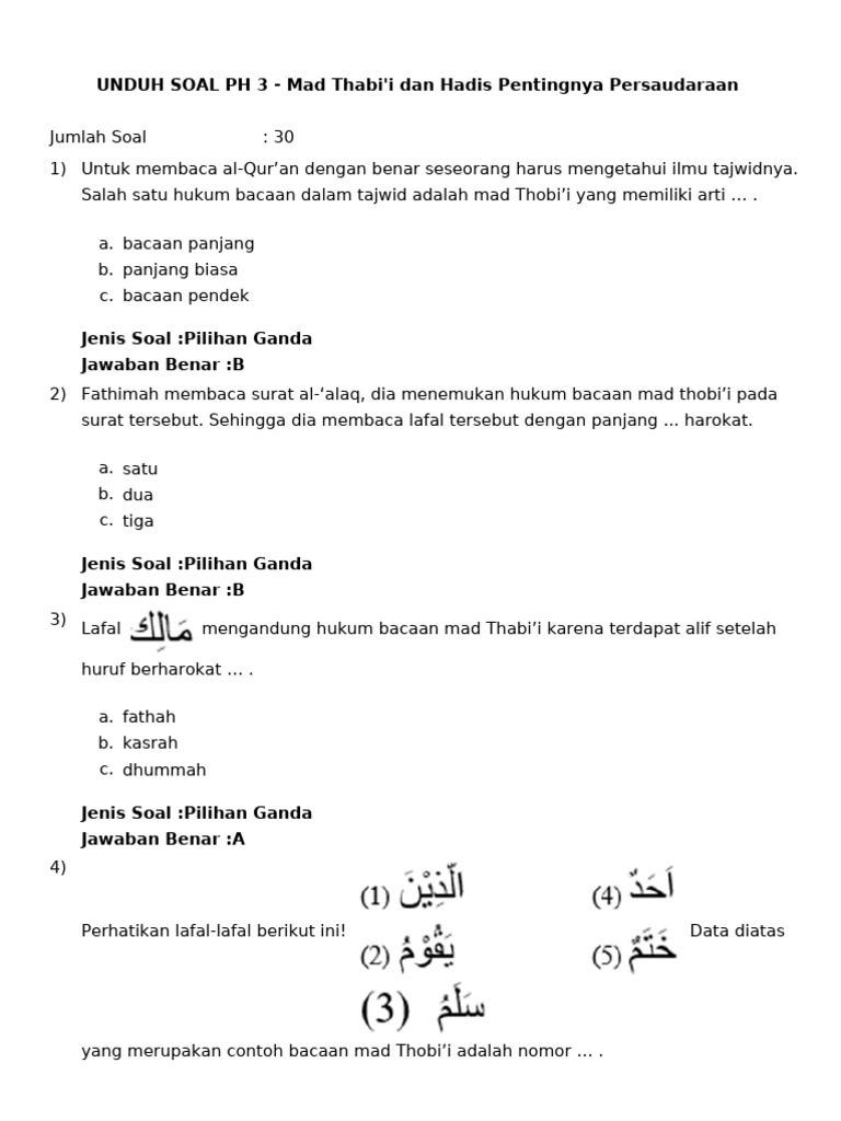 Lembar Soal PH 3 Mad Thabi I Dan Hadis Pentingnya Persaudaraan pdf1716432744 | PDF