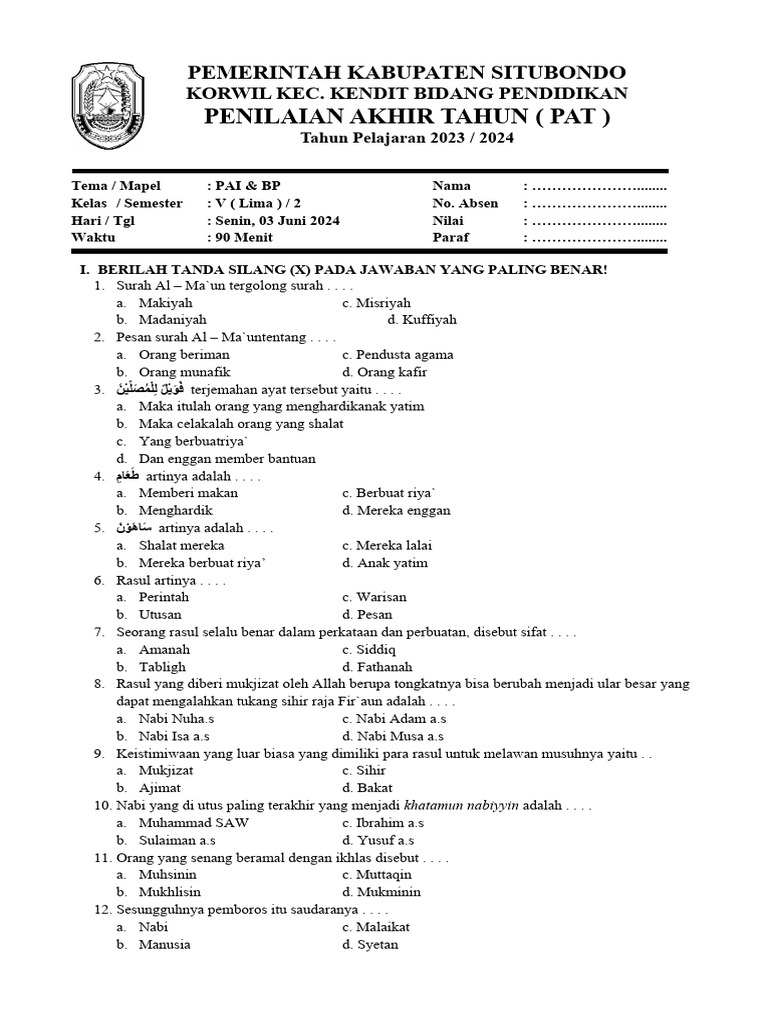 Soal Pat Pai Kelas 5 | PDF