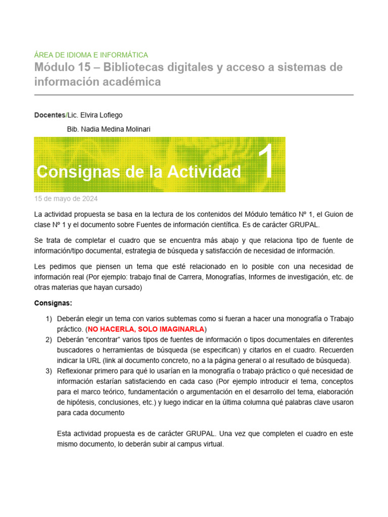 Consignas Primera Actividad Modulo 15 UNLa | PDF | Ciencias de la Información