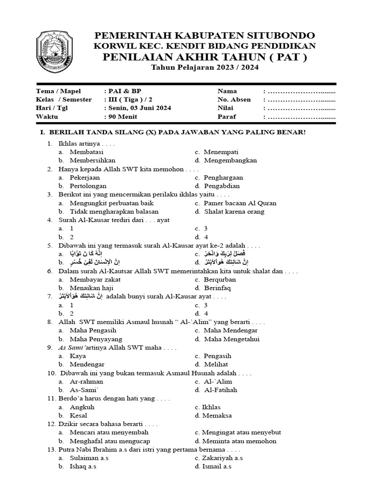 Soal Pat Pai Kelas 3 | PDF