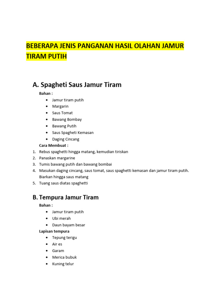 Beberapa Jenis Panganan Hasil Olahan Jamur Tiram Putih | PDF