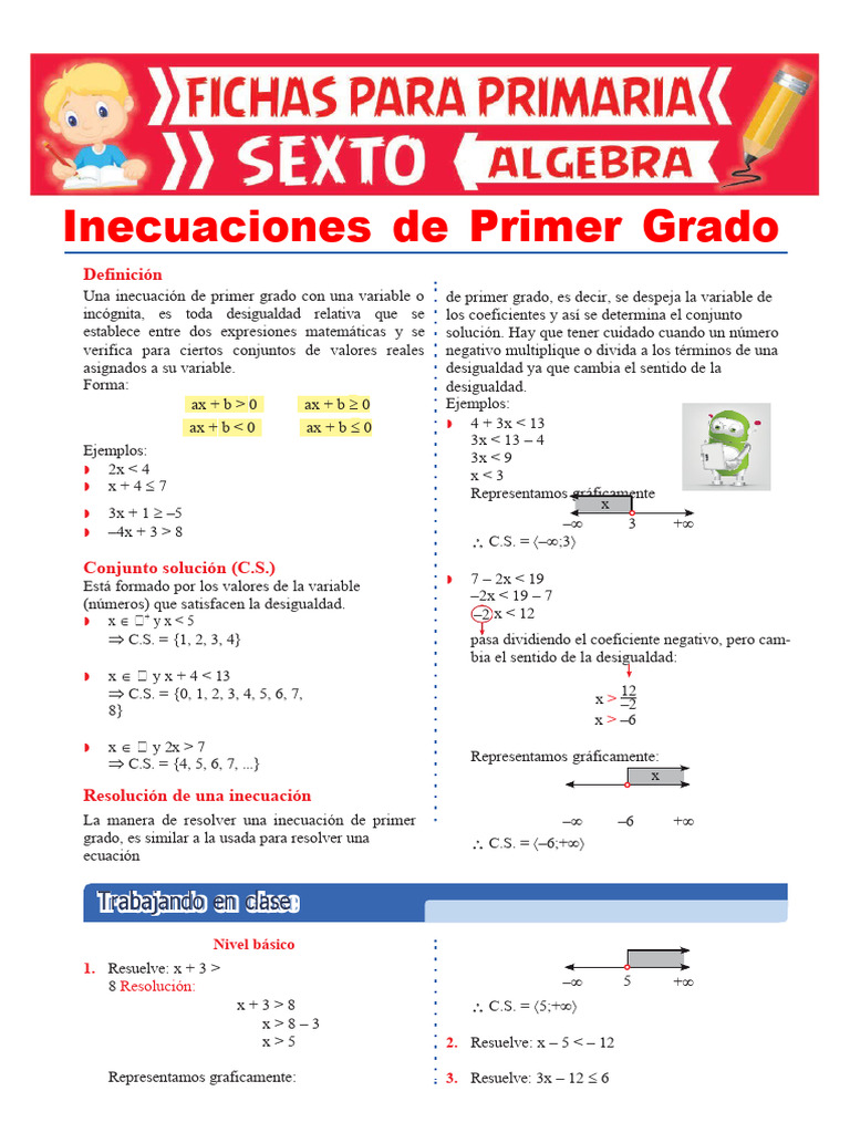 Inecuaciones de Primer Grado para Sexto de Primaria | PDF | Ecuaciones | Variable (Matemáticas)