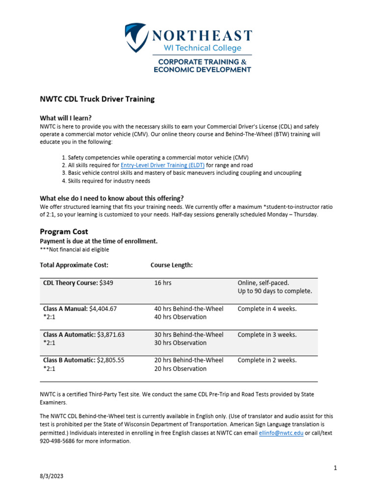 NWTC CDL Truck Driver Training Information Packet | PDF | Semi Trailer ...
