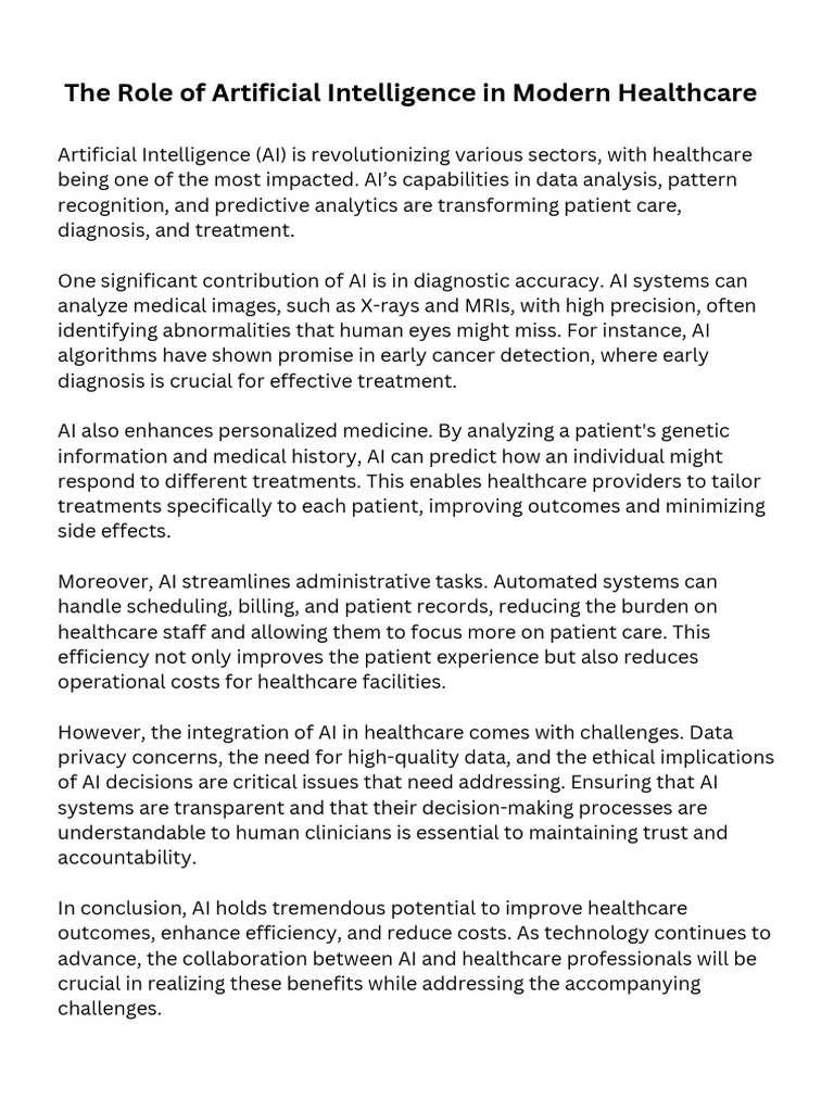 The Role of Artificial Intelligence in Modern Healthcare | PDF