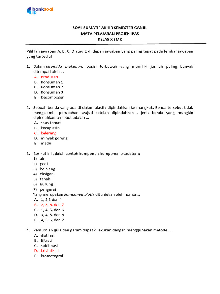 Soal & Kunci Projek Ipas Kelas 10 SMK Semester 1 Tahun 2022 | PDF
