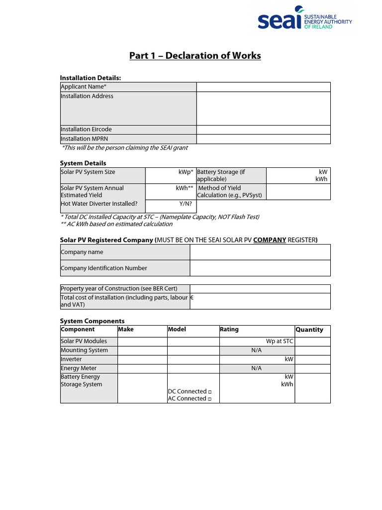 Solar PV Grant Declaration of Works Form | Download Free PDF ...