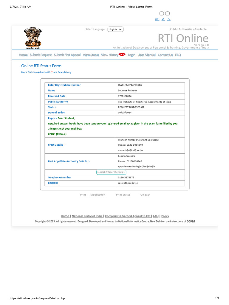 RTI Online - View Status Form | PDF
