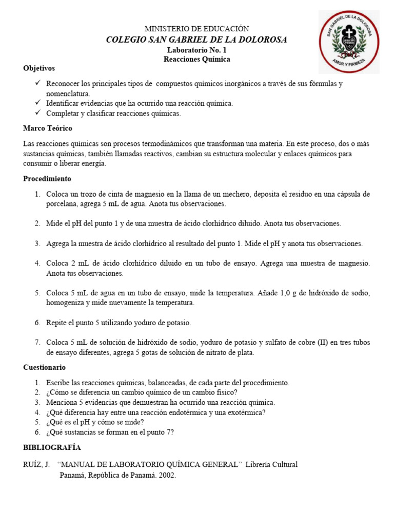 Laboratorio No. 1 - Reacciones Qu Micas | PDF | Reacciones químicas | Química