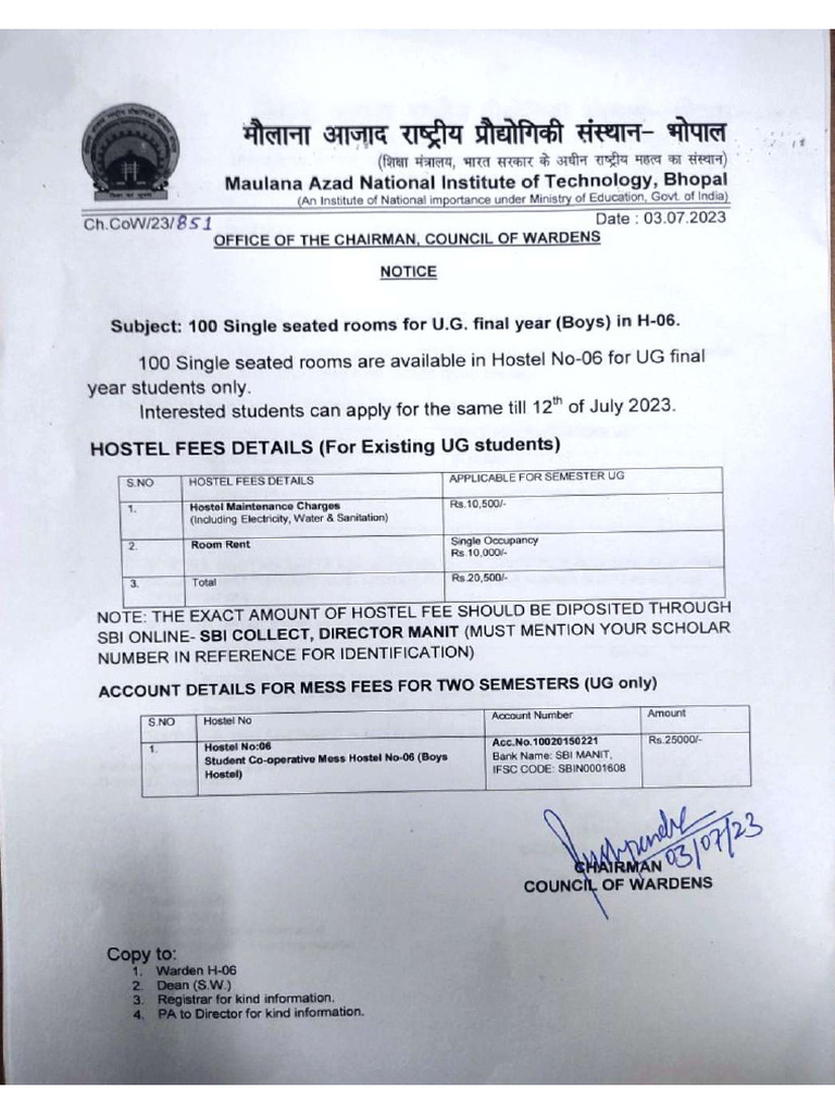 Hostel & Mess Fees of PG - PHD Students | PDF