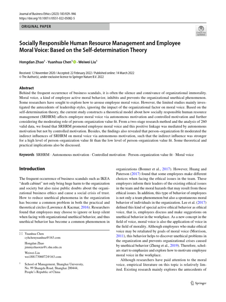 Socially Responsible Human Resource Management and Employee Moral Voice: Based On The Self ...