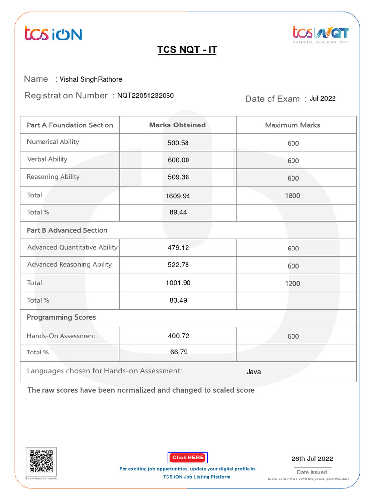 TCS NQT IT Exam Score Report | PDF
