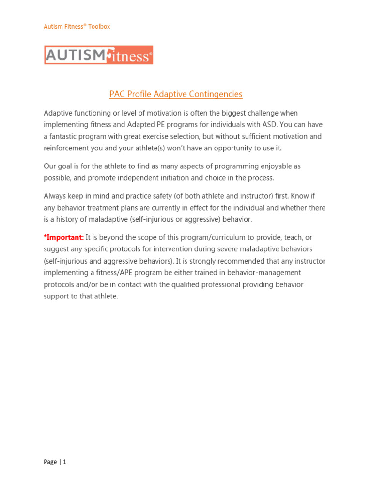 PAC Profile Adaptive Contingencies | PDF | Autism Spectrum | Motivation