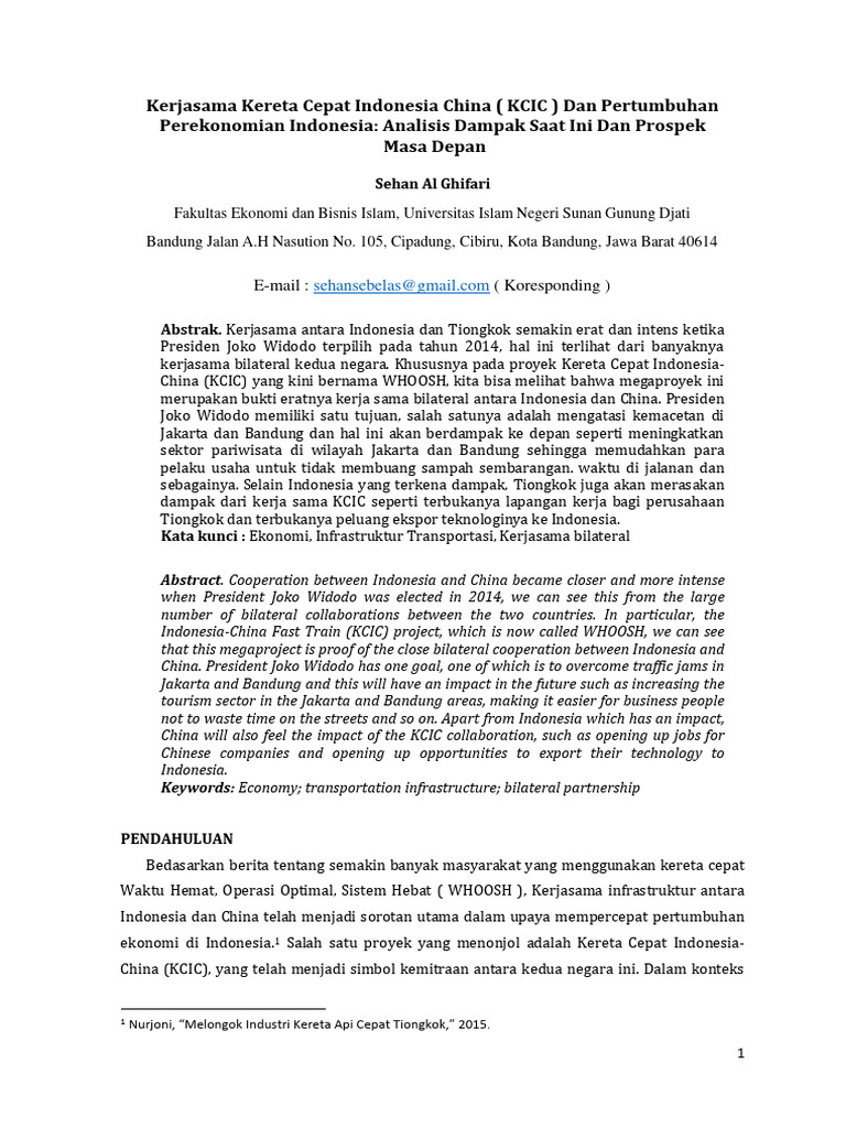 Kerjasama Kereta Cepat Indonesia China (KCIC) Dan Pertumbuhan | PDF