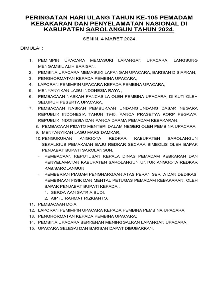 Susunan Acara Hut Damkar Ke - 105 Tahun 2024 | PDF