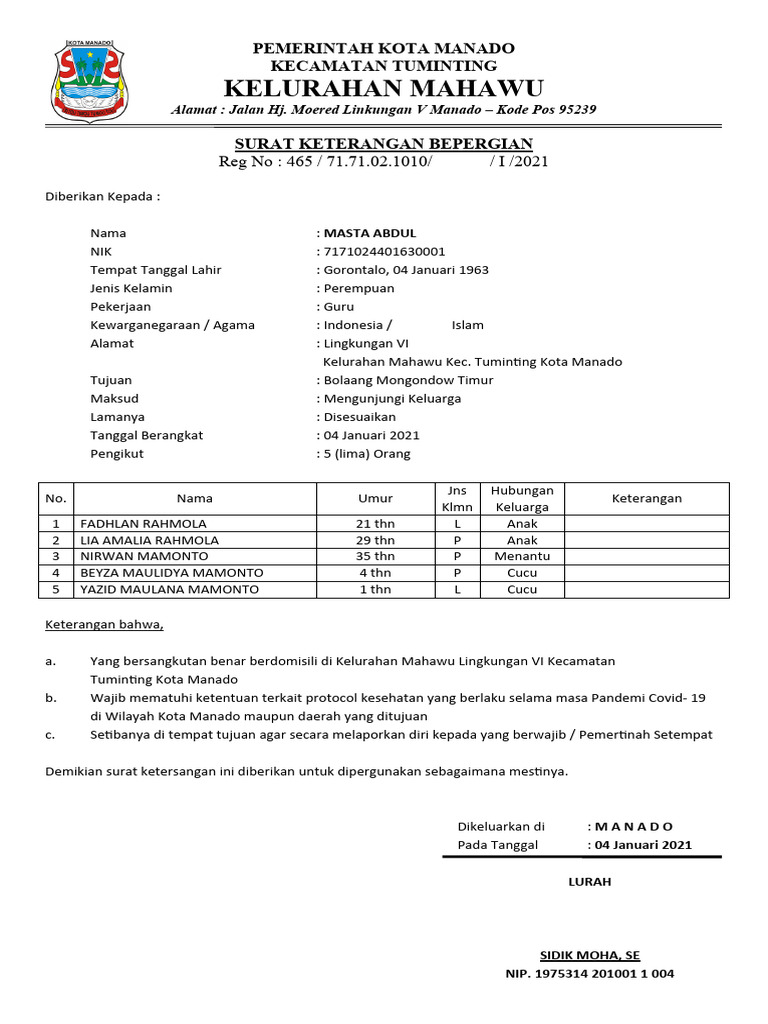 Surat Keterangan Bepergian Masta Abdul | PDF