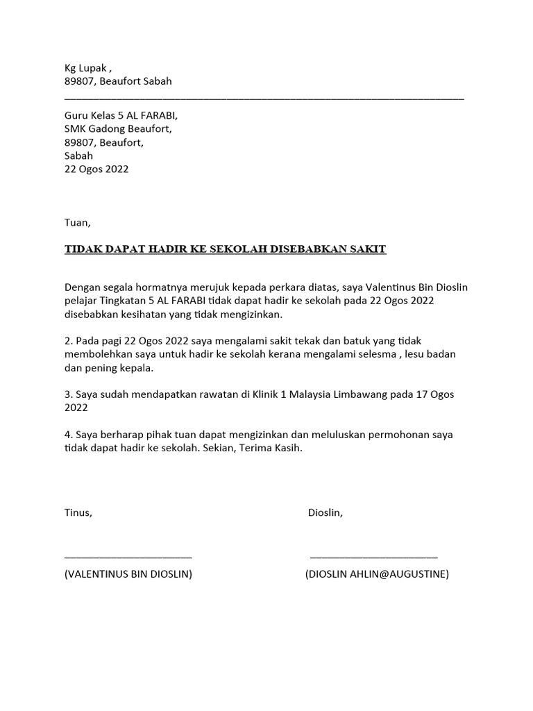 Surat Cuti Sekolah | PDF