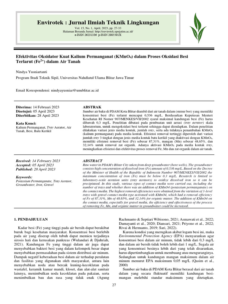 Efektivitas Oksidator Kuat Kalium Permanganat (KMnO4) Dalam Proses Oksidasi Besi Terlarut (Fe2 ...