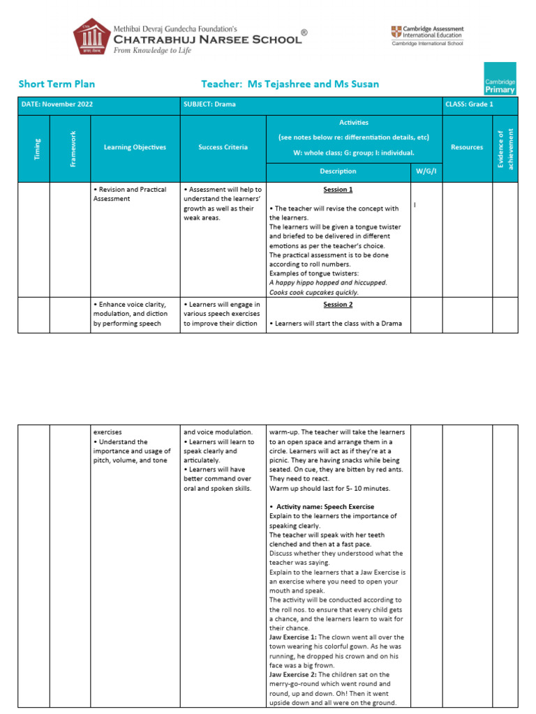 Grade 1 Drama - STP 5 - November 2022 | PDF | Learning | Teachers