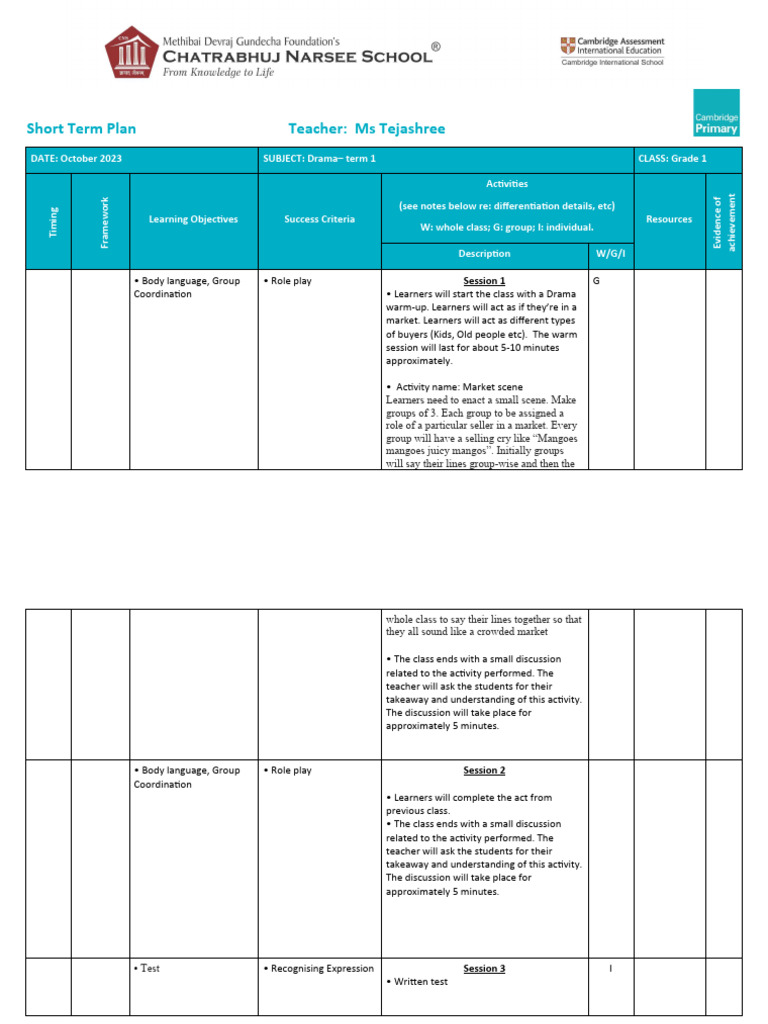 Grade 1 Drama Lesson Plan October 2023 | PDF | Cognition | Learning