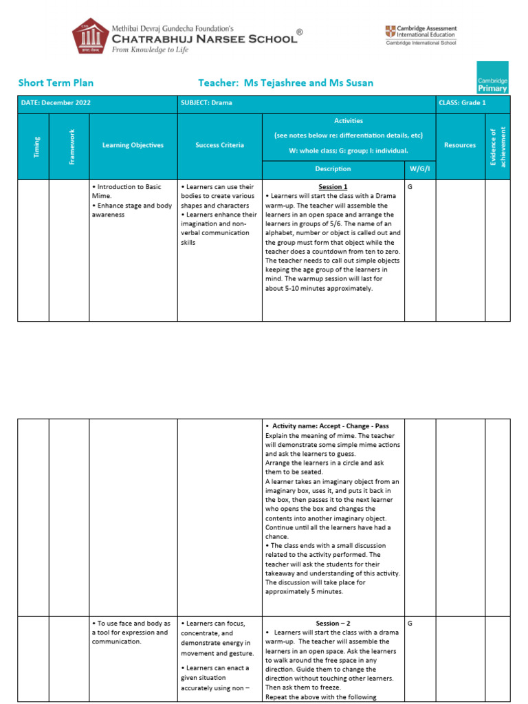 Grade 1 Drama - STP 6 - December 2022 | PDF | Learning | Communication