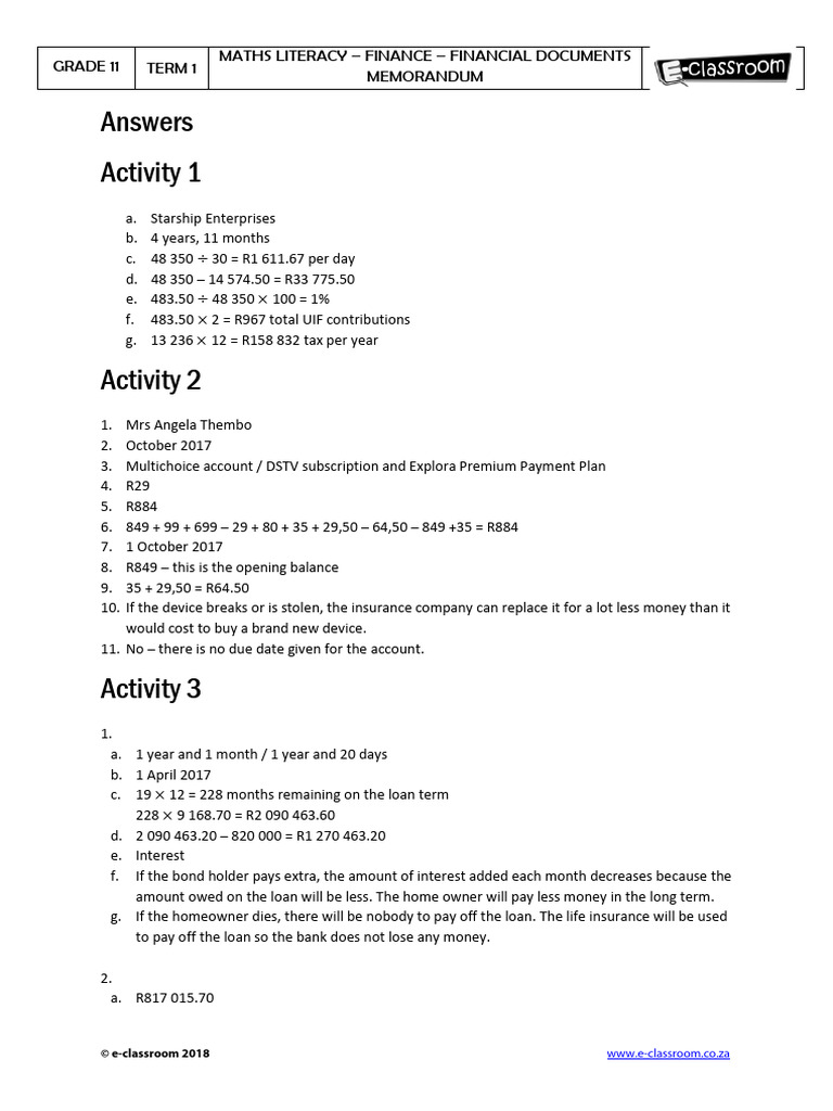 GRD 11t1 Maths Literacy Finance Financial Documents Memo | PDF ...