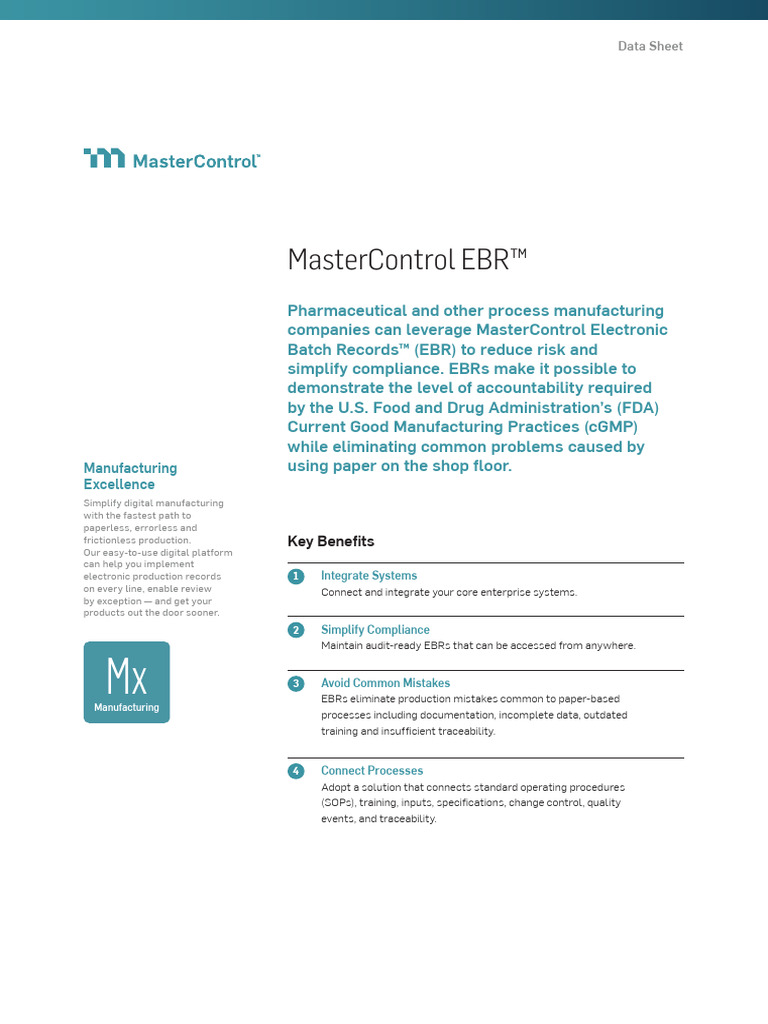 Mastercontrol Electronic Batch Records (Ebr) | PDF | Regulatory Compliance | Food And Drug ...