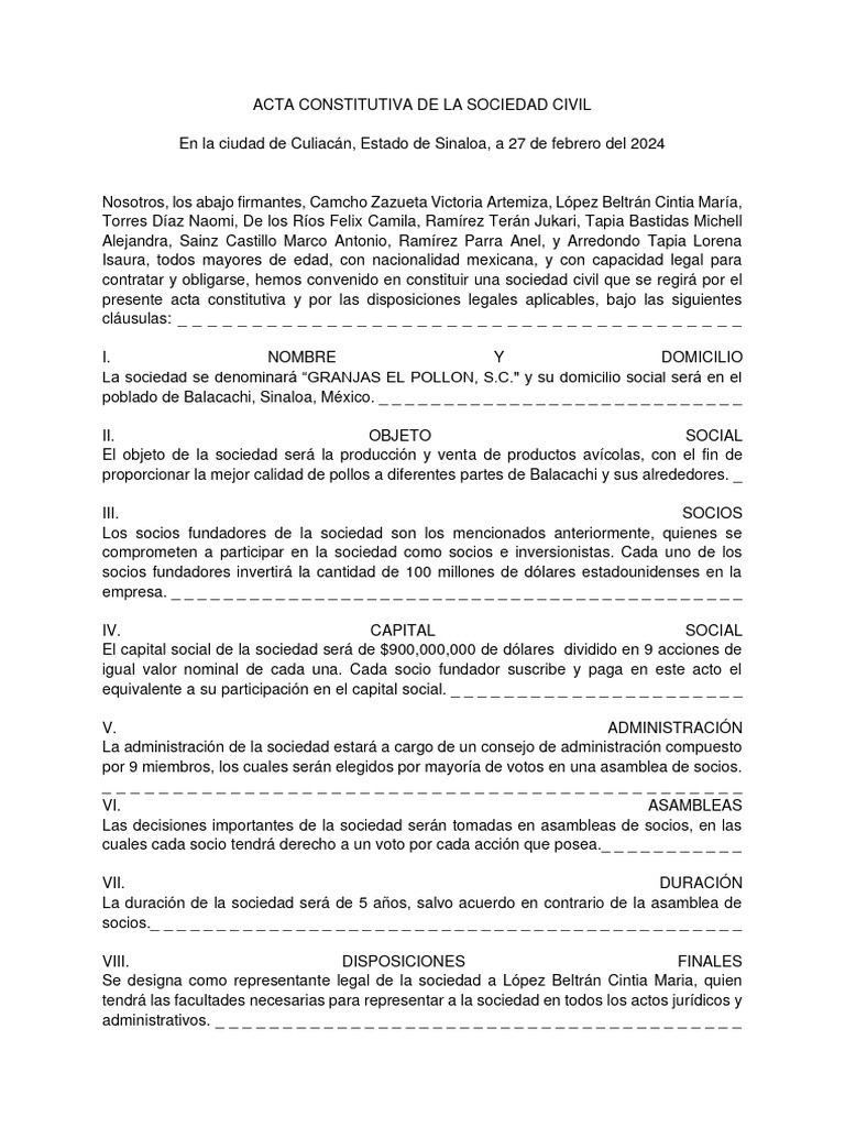 Acta Constitutiva de La Sociedad Civil | PDF | Finanzas y dinero