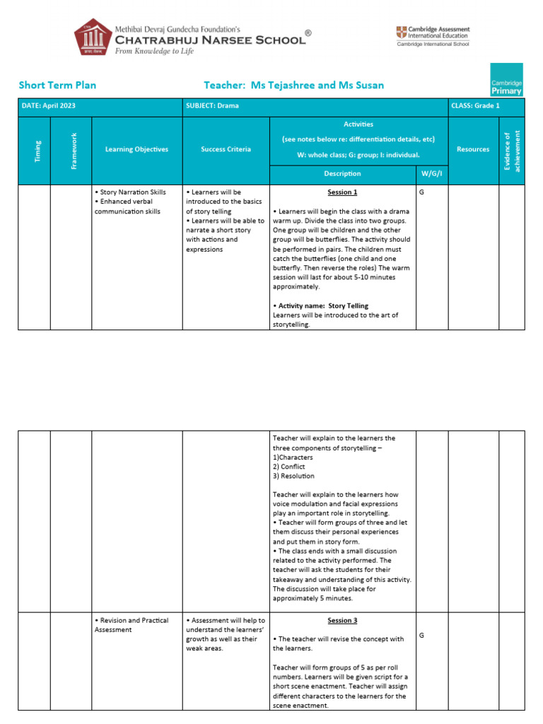 Grade 1 Drama - STP 10 - April 2023 | PDF | Learning | Storytelling