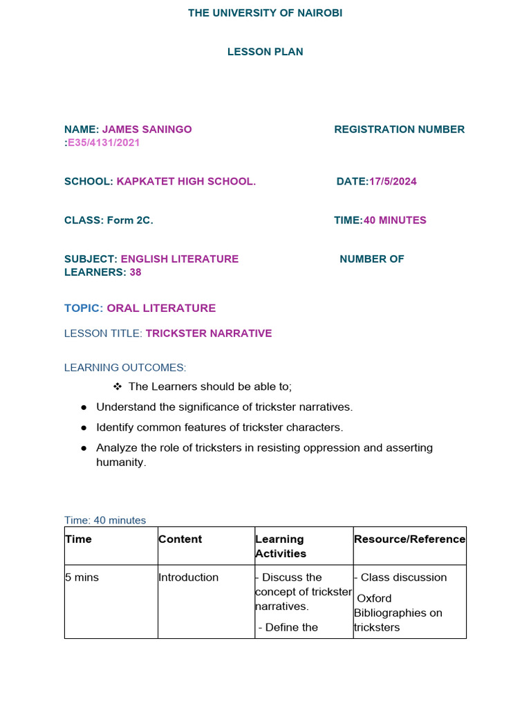 Trickster Lesson Plan | Download Free PDF | Trickster | Narrative