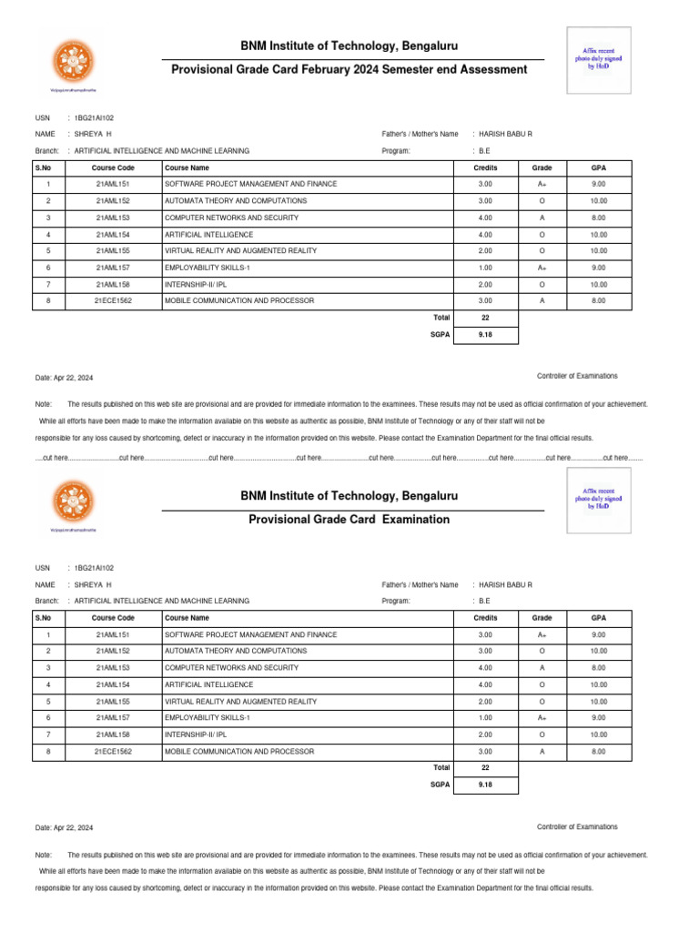 1BG21AI102 Provisional Grade Card | PDF | Computer Science | Computing