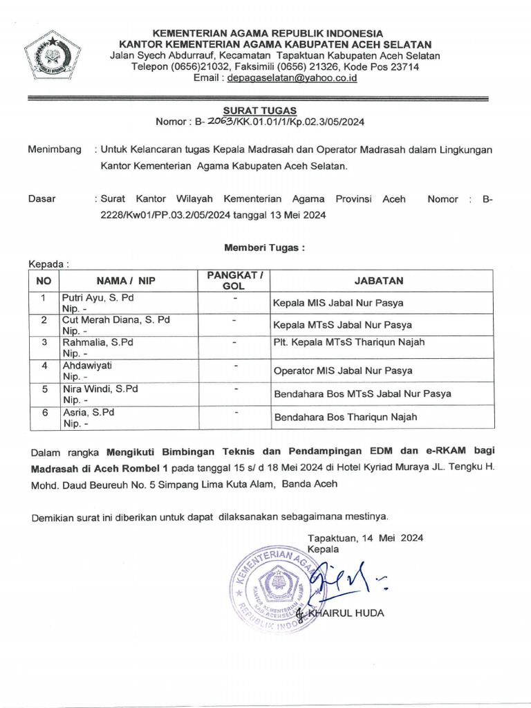 Surat Tugas Bimtek EDM e-RKAM Rombel 1 | PDF
