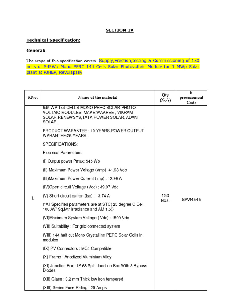 Technical Spec PDF | PDF | Photovoltaics | Electricity