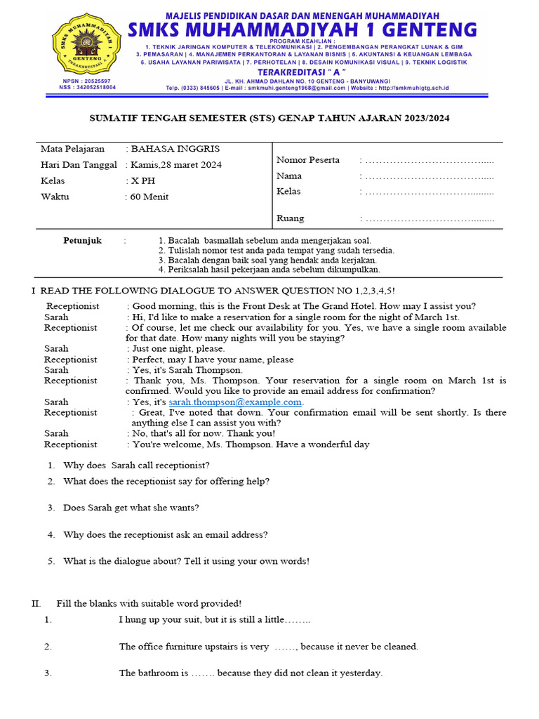 SOAL B Ing X PH STS GENAPP 2023-2024 | PDF