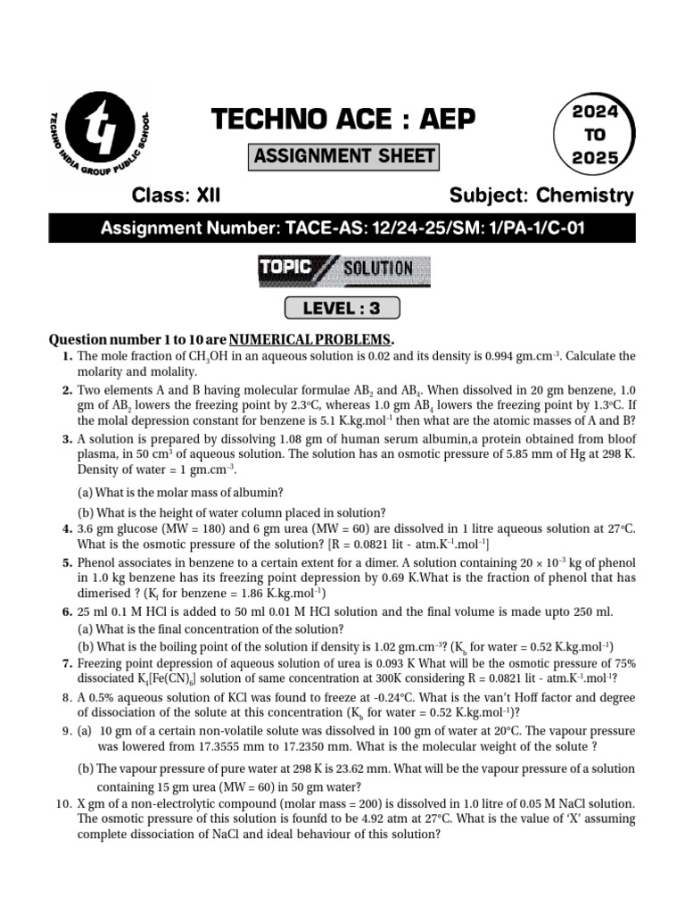 Chemistyi XII Solution (Assg L-3) | PDF | Molar Concentration | Dissociation (Chemistry)