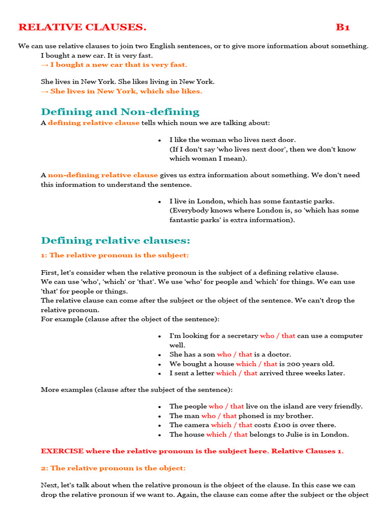 RELATIVE CLAUSES B1 Explanation, Exercises. | PDF | Subject (Grammar ...