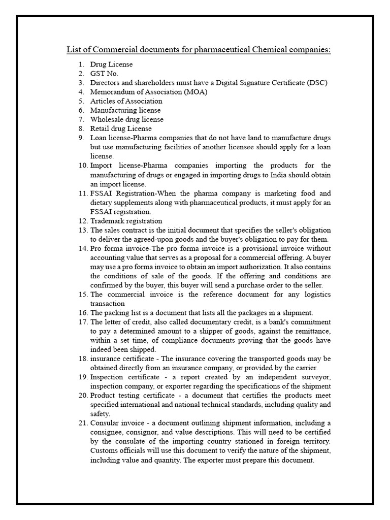 Essential Pharma Documents List | PDF | Pro Forma | Invoice