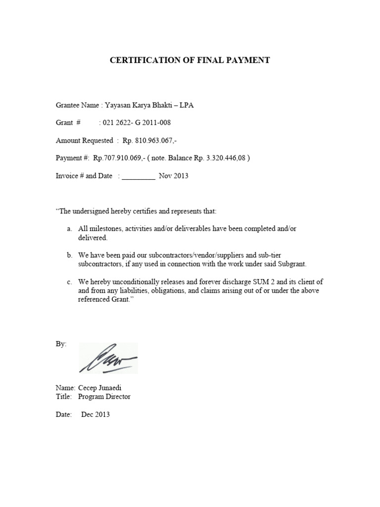 Certfication Final From Grantee (Rev) | PDF