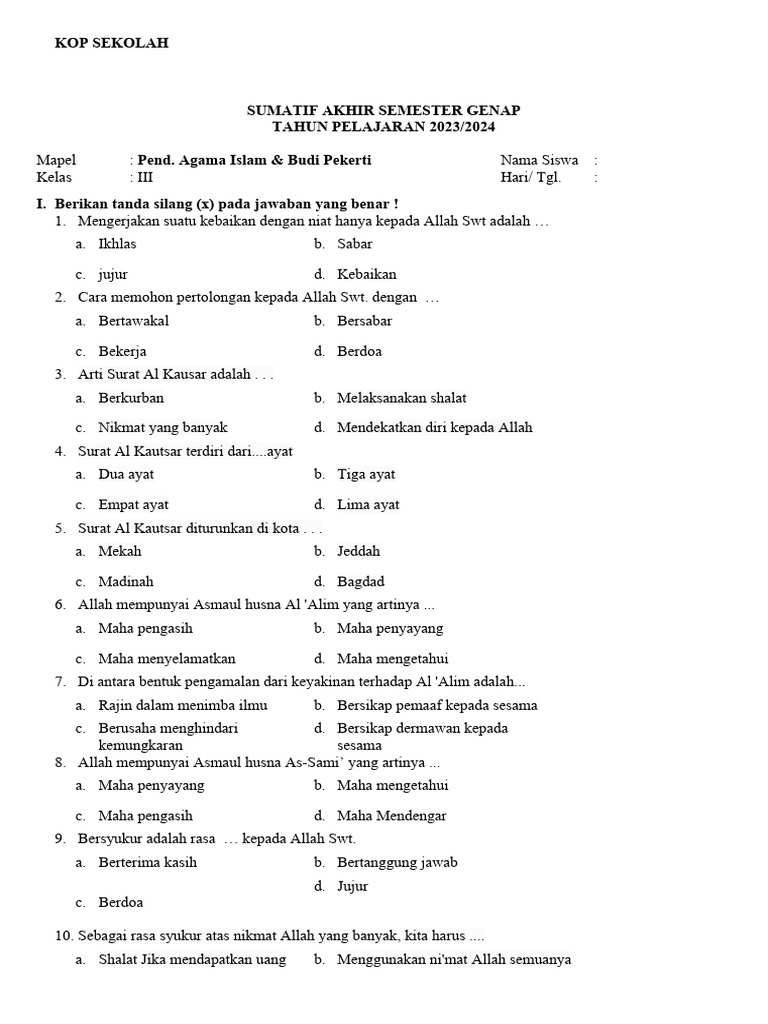 Soal PAS PAI Kls 3 Semester Genap Tp. 2023-2024 | PDF
