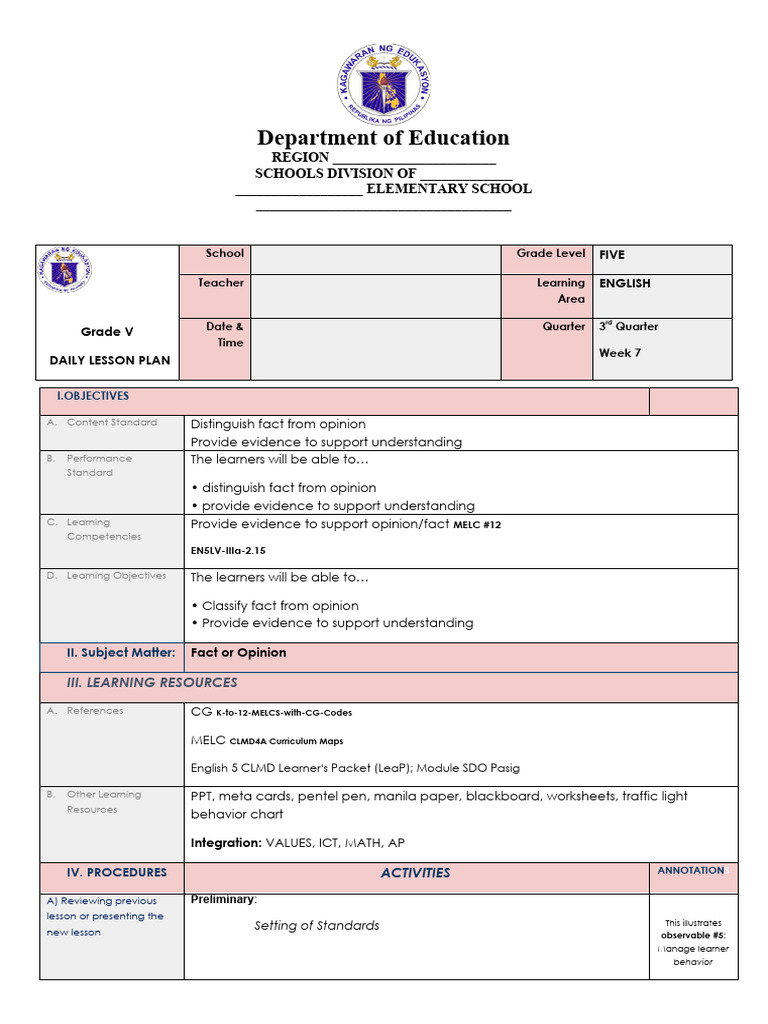 COT ENG 5 qtr3 Wk7 | PDF | Learning | Curriculum
