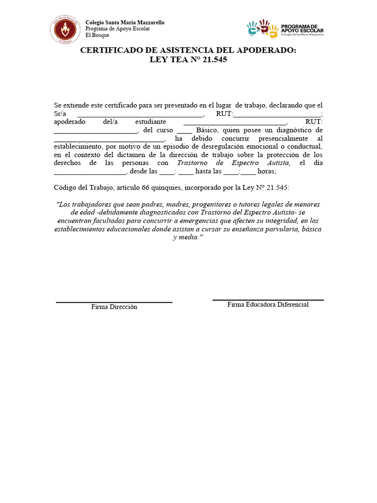 Certificado de Concurrencia Al Establecimiento Ley TEA | PDF | Crecimiento personal y ...
