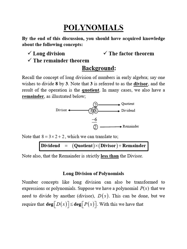 Long Division of Polynomials Explained | PDF | Factorization | Polynomial