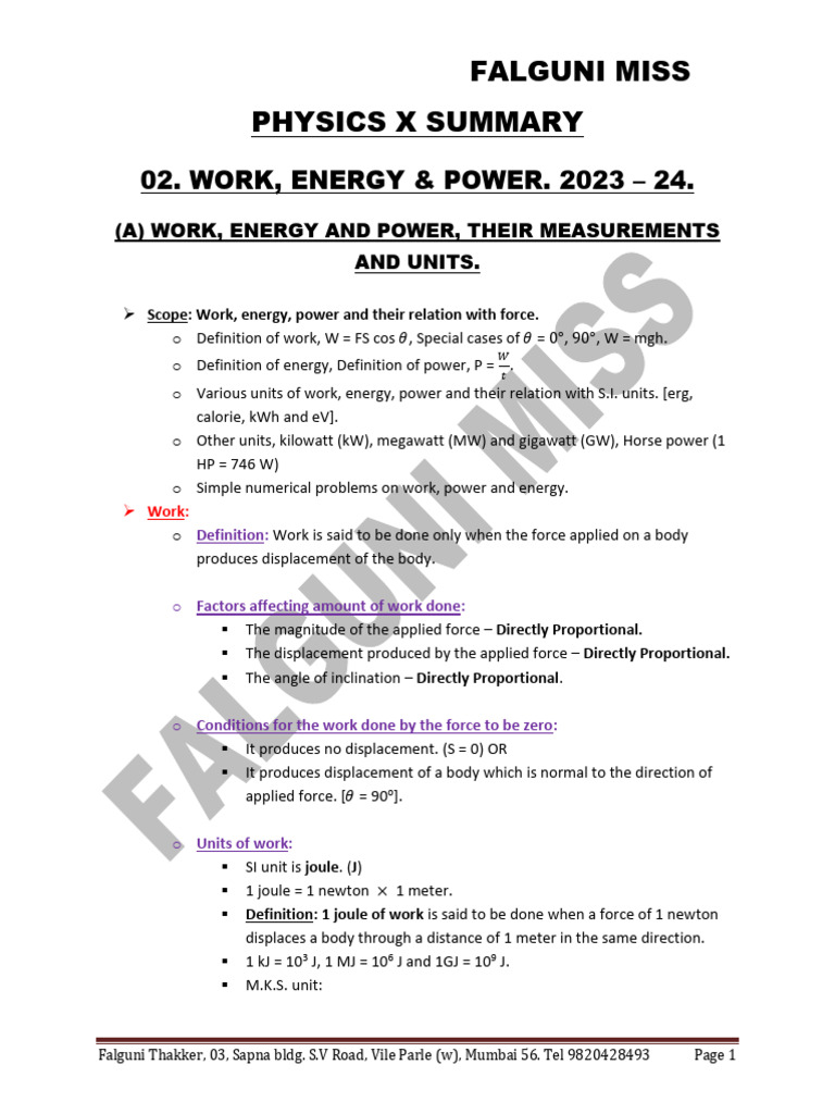 ICSE X Work Energy Power | PDF | Watt | Power (Physics)