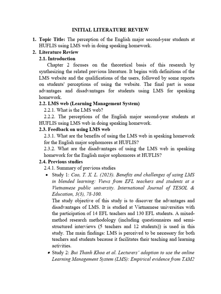 Initial Literature Review | PDF | Methodology | English As A Second Or ...