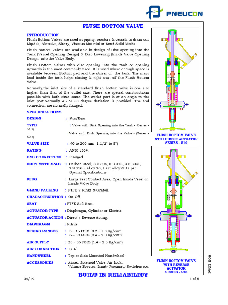 FLUSH BOTTOM VALVE SERIES 500n | PDF | Valve | Mechanical Engineering