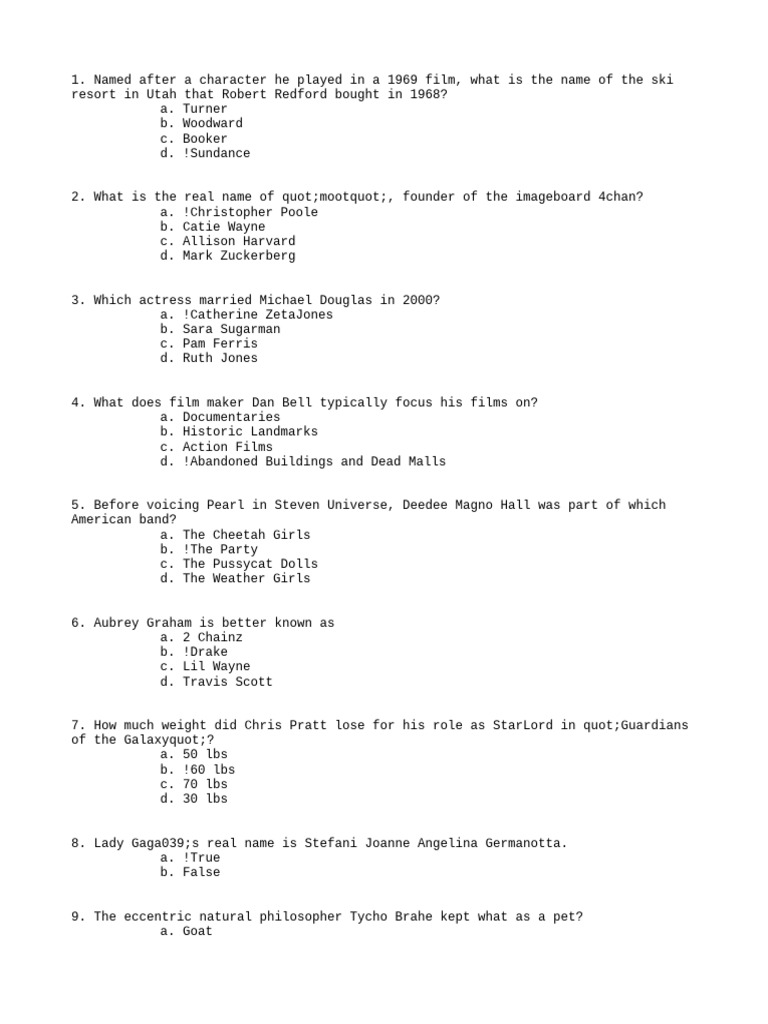 Trivia Questions on Film, Music, and Literature | PDF