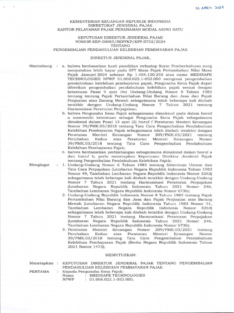 Surat Keputusan Pengembalian Pendahuluan Kelebihan Pembayaran Pajak ...
