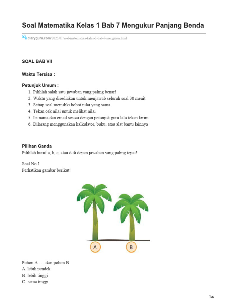 diaryguru.com-Soal Matematika Kelas 1 Bab 7 Mengukur Panjang Benda | PDF