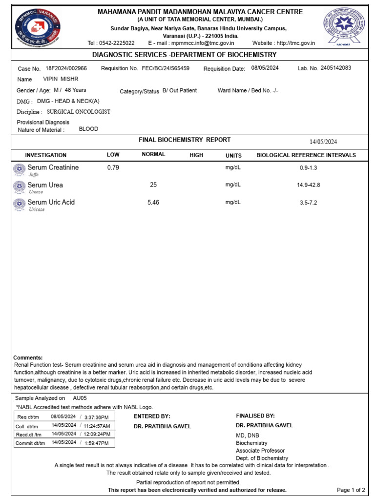 Biochemistry Diagnostic Report Summary | PDF | Creatinine | Kidney