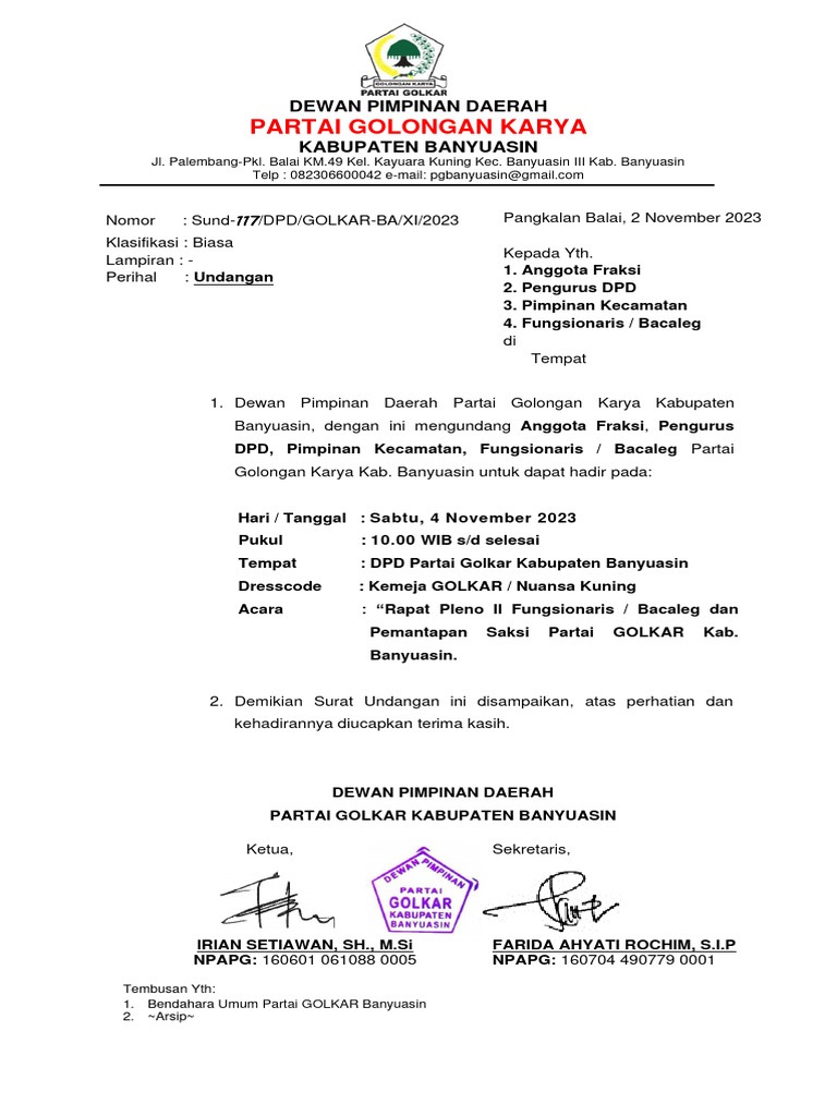 Undangan Rapat Pleno Golkar Banyuasin | PDF
