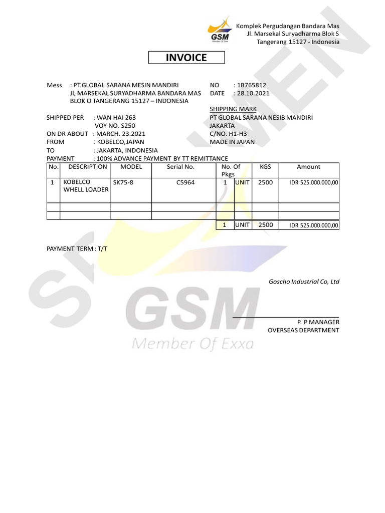 Invoice for Kobelco Excavator Sale | PDF | Payments | Marketing